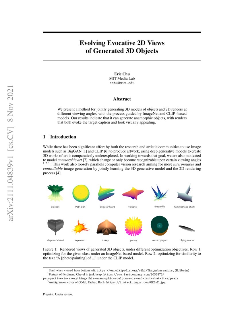 Evolving Evocative 2D Views of Generated 3D Objects | DeepAI
