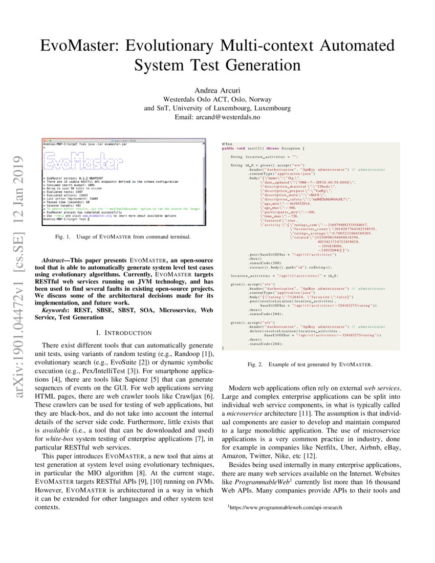 Evomaster Evolutionary Multi Context Automated System Test Generation Deepai 9572