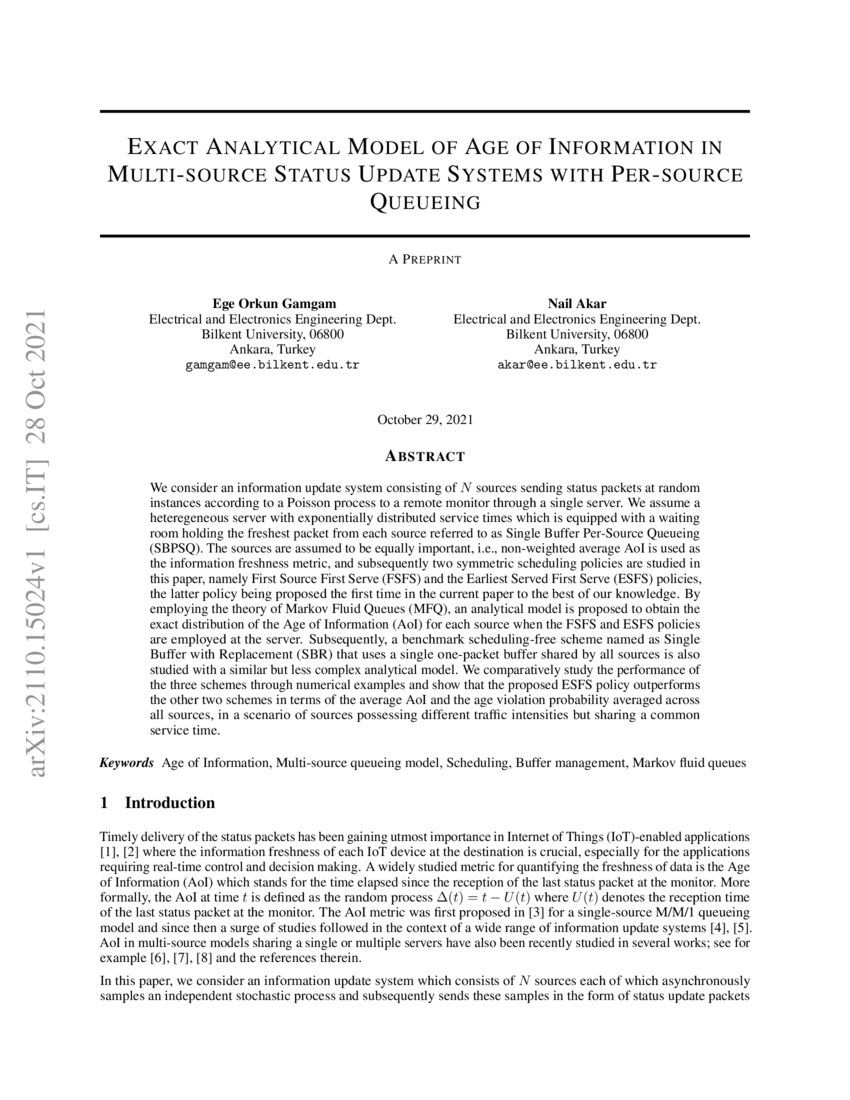 Exact Analytical Model Of Age Of Information In Multi Source Status Update Systems With Per