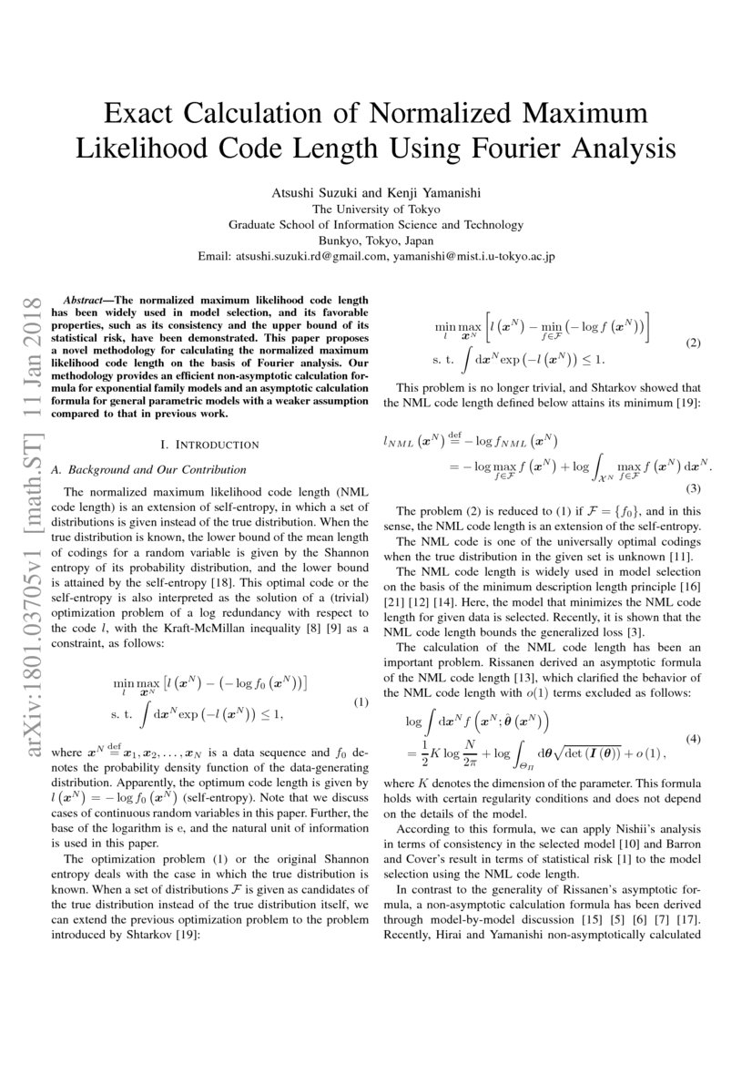 Exact Calculation Of Normalized Maximum Likelihood Code Length Using Fourier Analysis Deepai