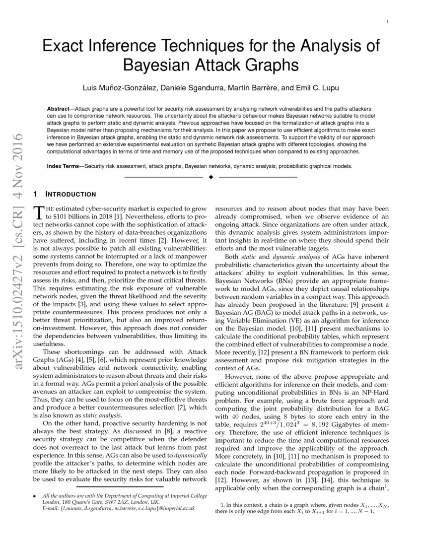 Exact Inference Techniques for the Analysis of Bayesian Attack Graphs ... Exact Inference Techniques for the Analysis of Bayesian Attack Graphs ...
