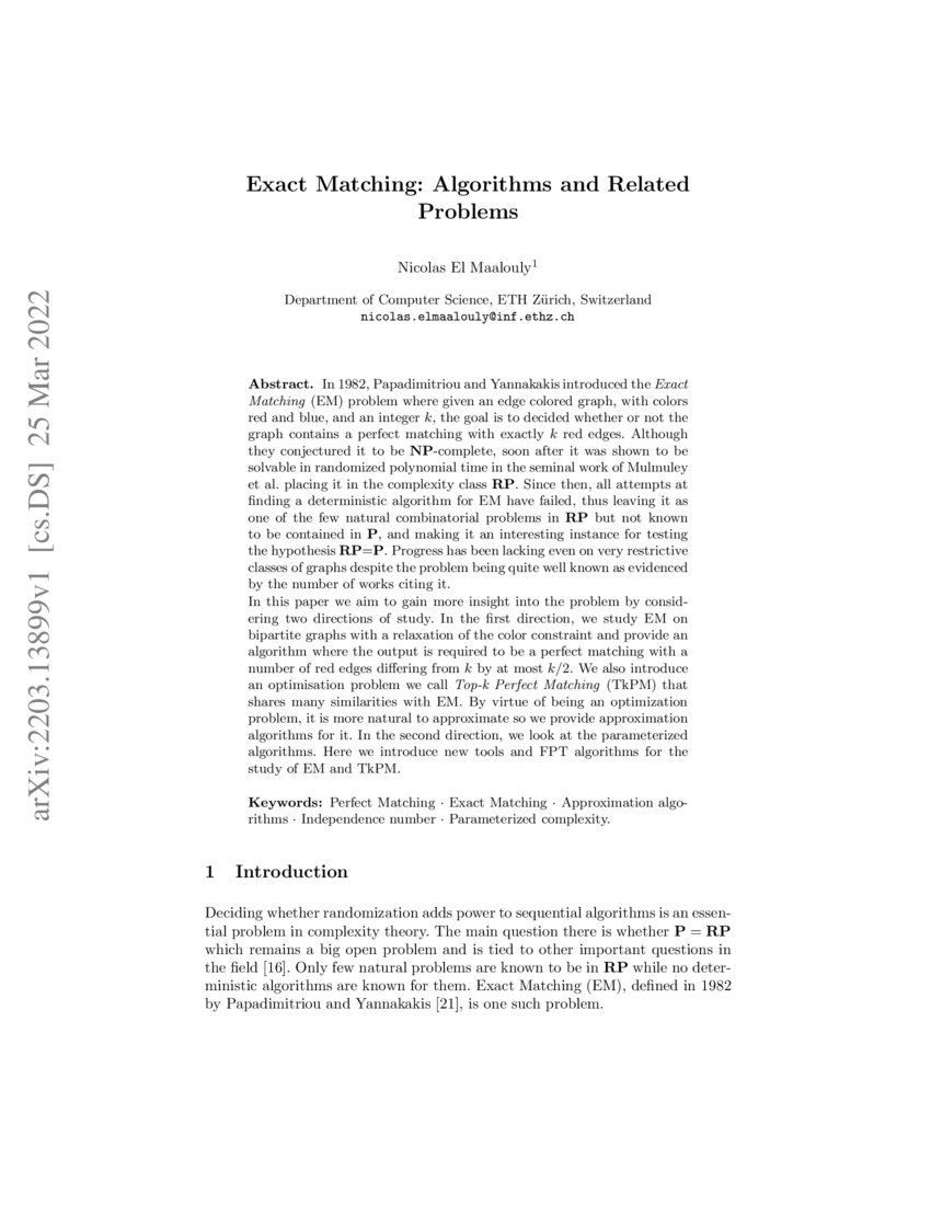 Exact Matching Algorithms And Related Problems Deepai 