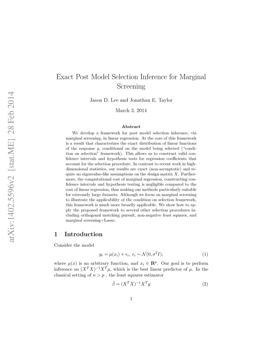 Exact Post Model Selection Inference For Marginal Screening Deepai