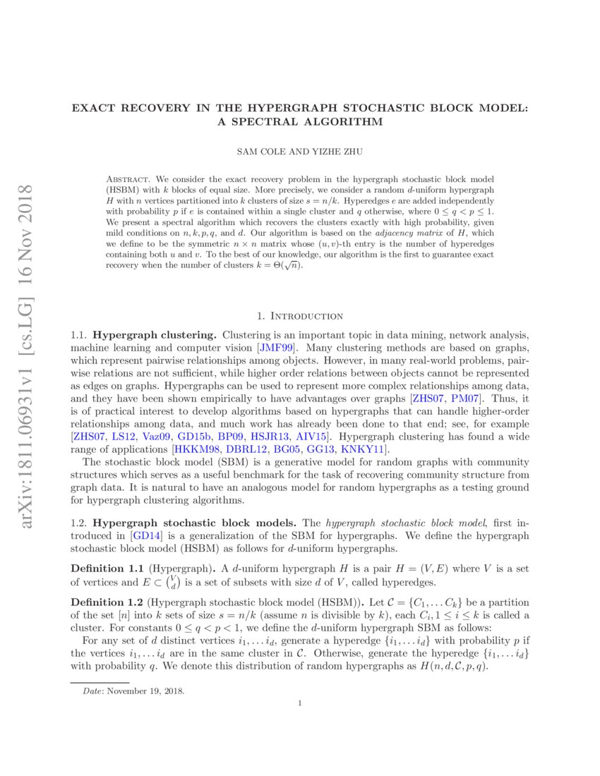 Exact Recovery in the Hypergraph Stochastic Block Model: a Spectral ... Exact Recovery in the Hypergraph Stochastic Block Model: a Spectral ...