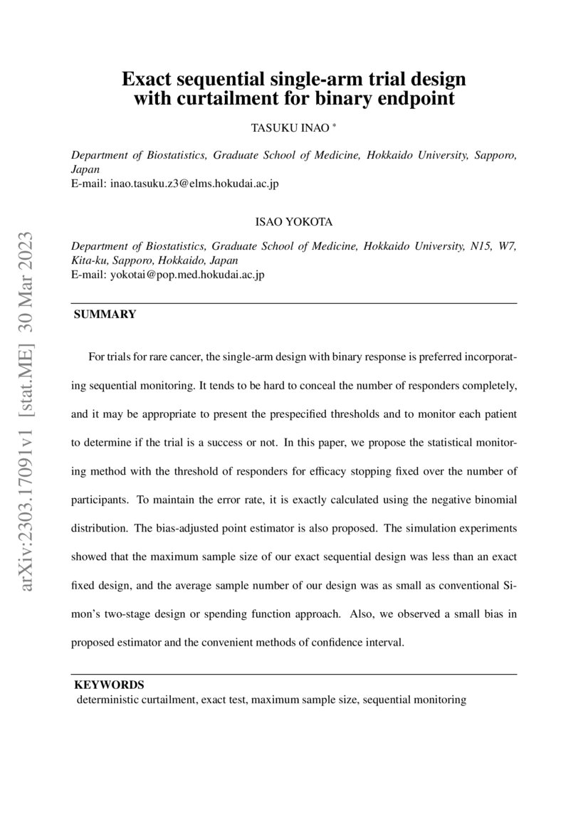 Exact sequential single-arm trial design with curtailment for binary ... Exact sequential single-arm trial design with curtailment for binary ...