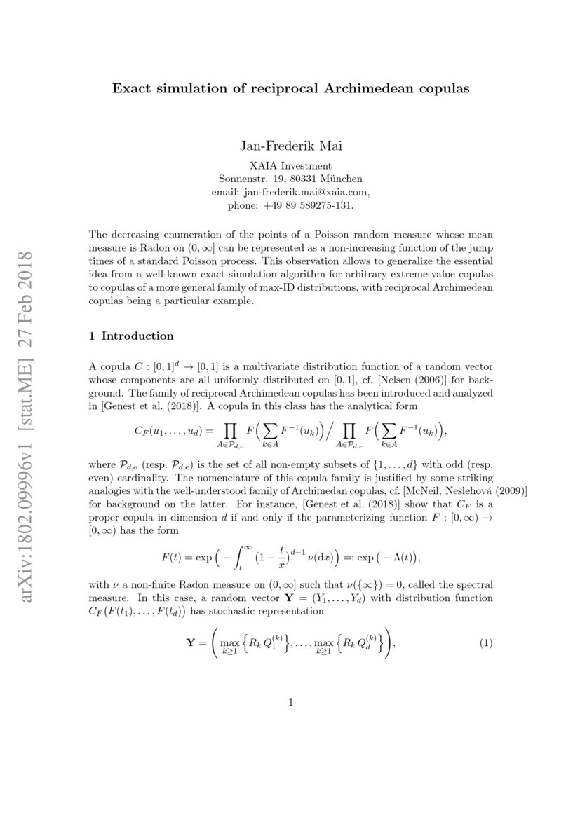 Exact Simulation Of Reciprocal Archimedean Copulas Deepai