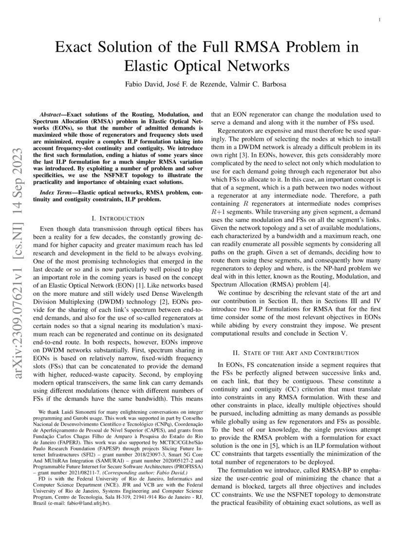 Exact solution of the full RMSA problem in elastic optical networks | DeepAI
