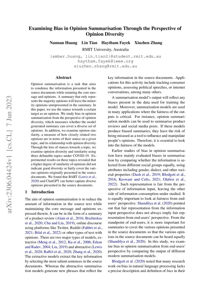 Examining Bias in Opinion Summarisation Through the Perspective of ...