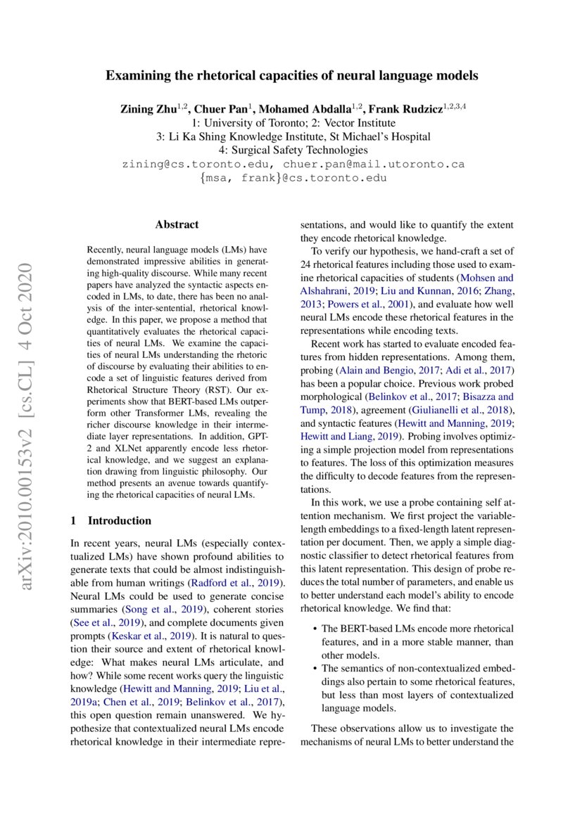 Examining the rhetorical capacities of neural language models | DeepAI