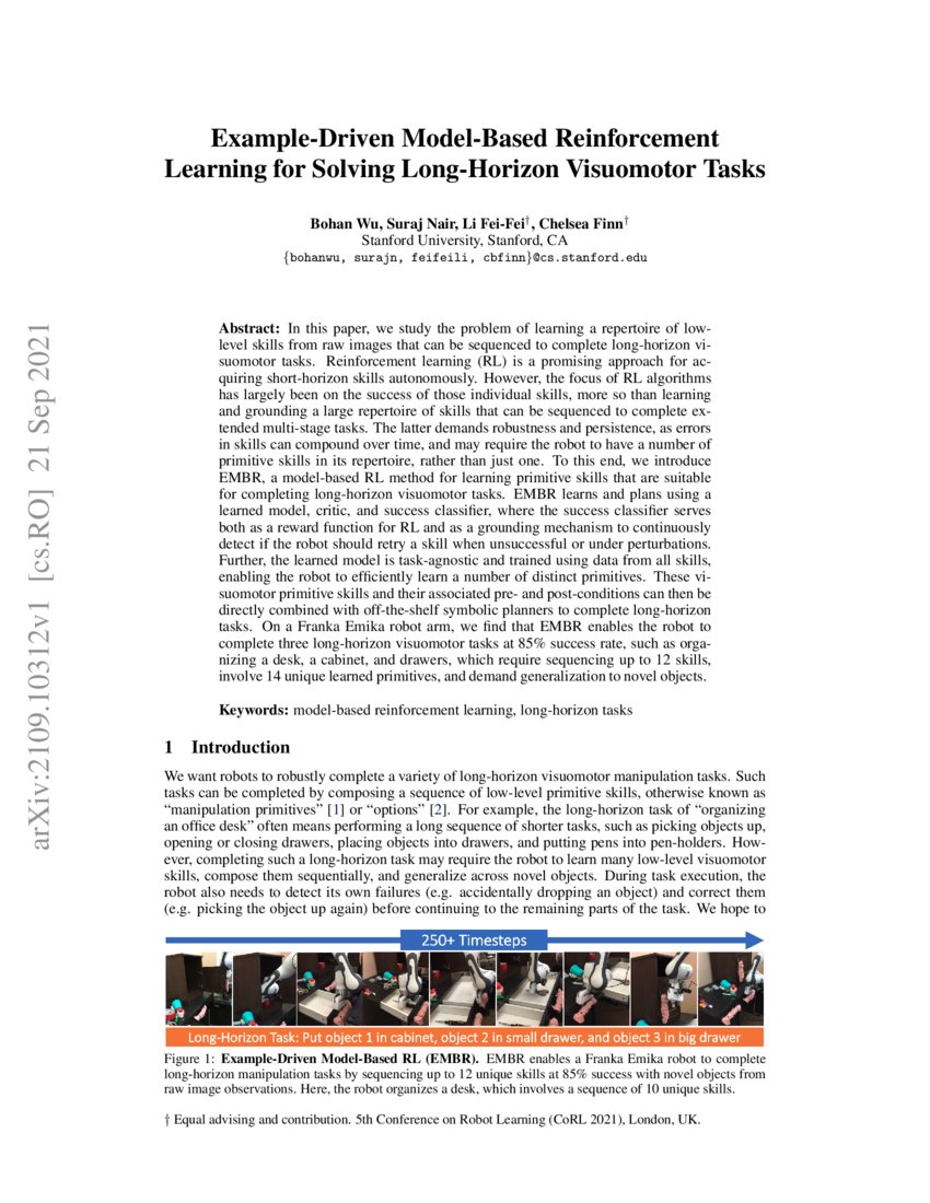 Example-Driven Model-Based Reinforcement Learning for Solving Long-Horizon Visuomotor Tasks | DeepAI