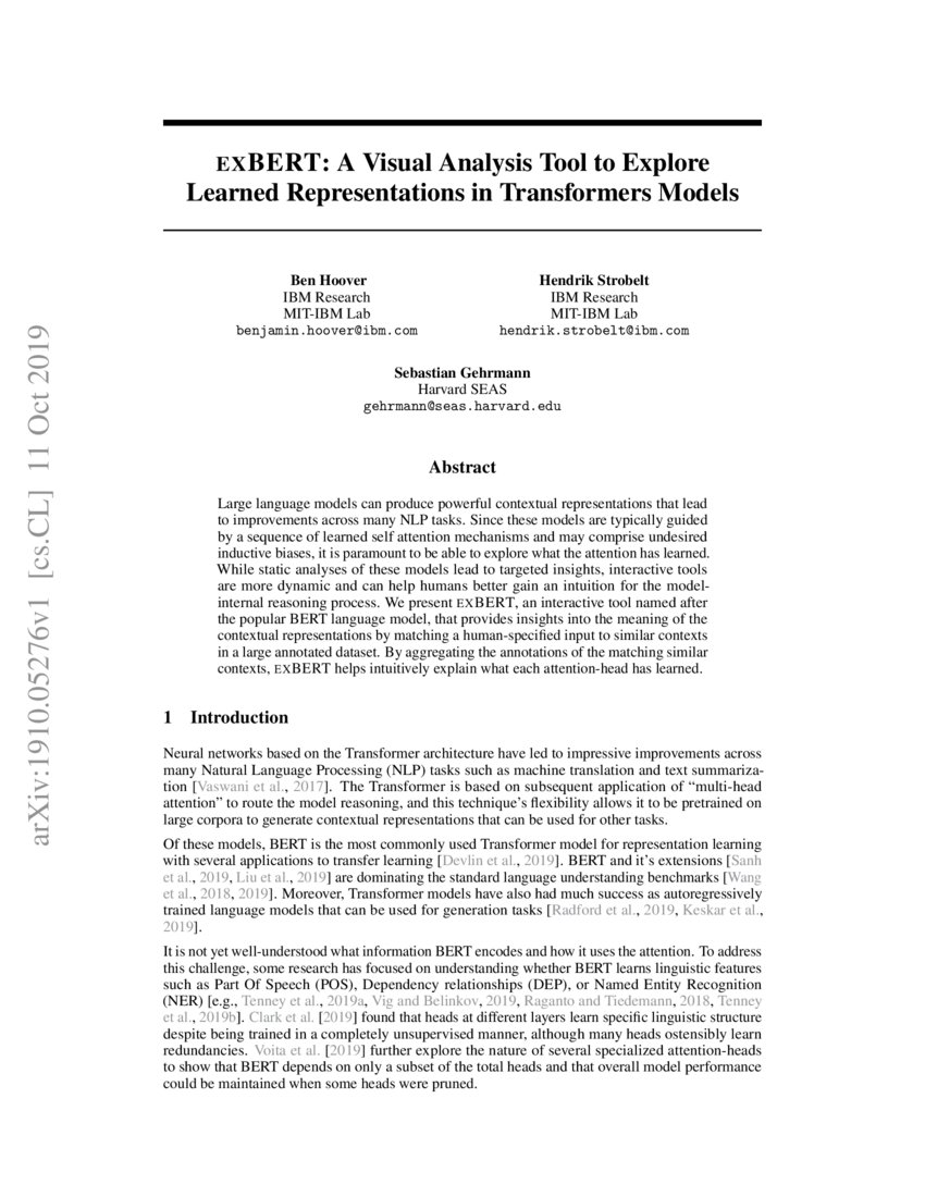 Exbert A Visual Analysis Tool To Explore Learned Representations In Transformers Models Deepai