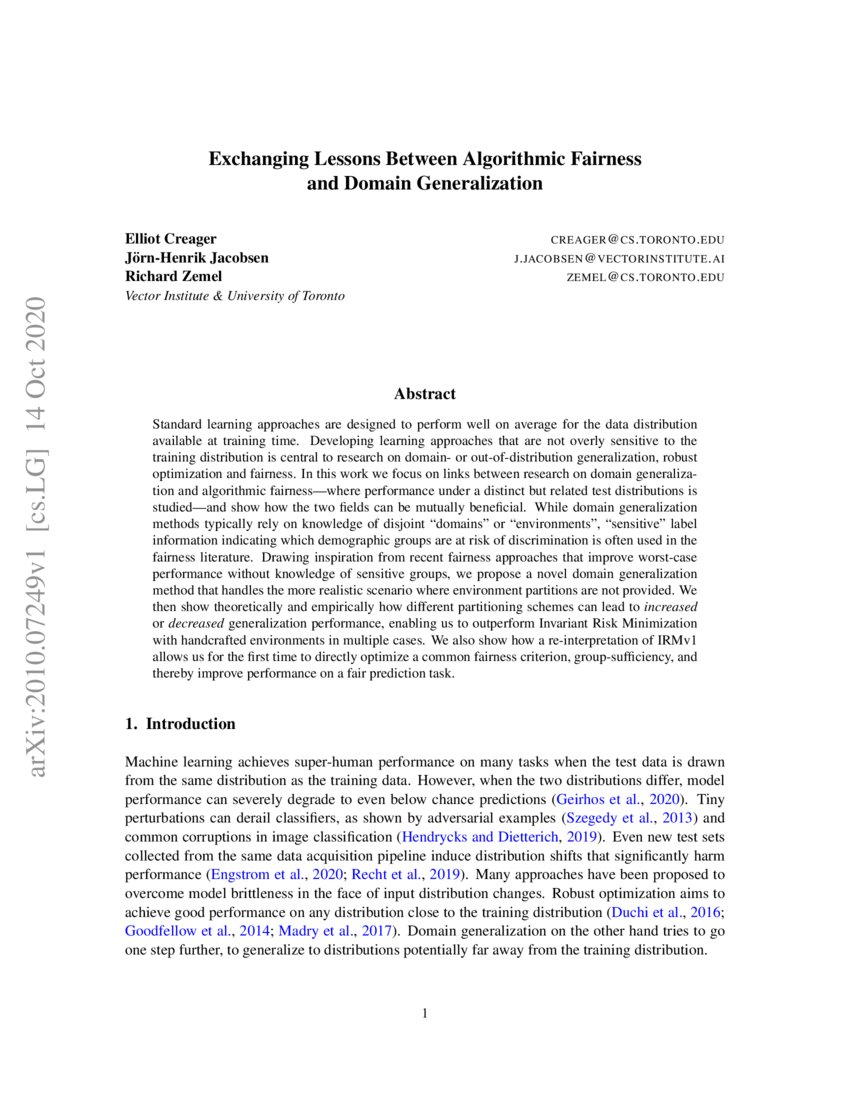 Exchanging Lessons Between Algorithmic Fairness and Domain Generalization | DeepAI