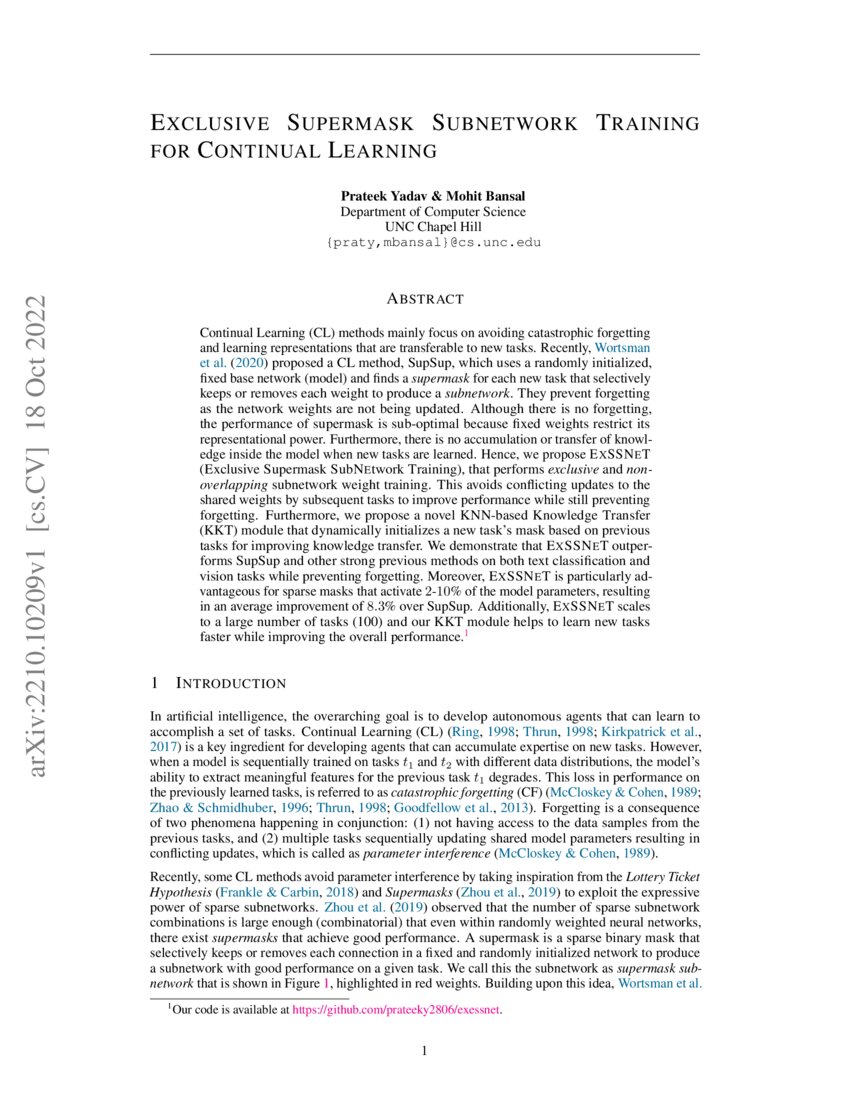 Exclusive Supermask Subnetwork Training for Continual Learning | DeepAI