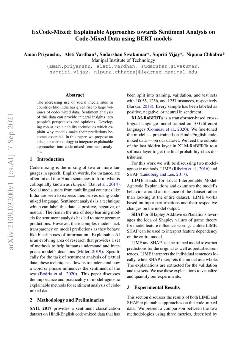 Excode Mixed Explainable Approaches Towards Sentiment Analysis On Code Mixed Data Using Bert