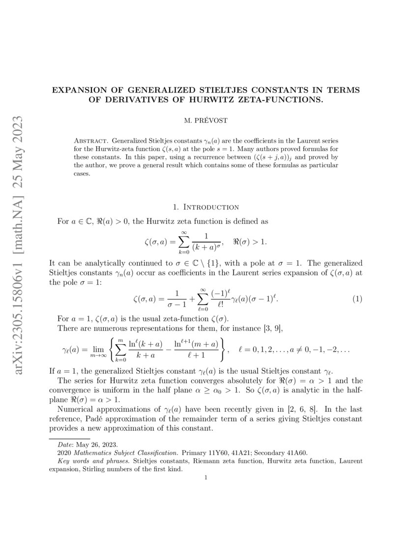 Expansion of generalized Stieltjes constants in terms of derivatives of Hurwitz zeta-functions ...