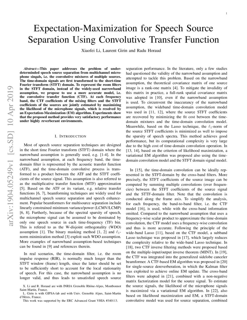 Expectation Maximization For Speech Source Separation Using Convolutive Transfer Function Deepai
