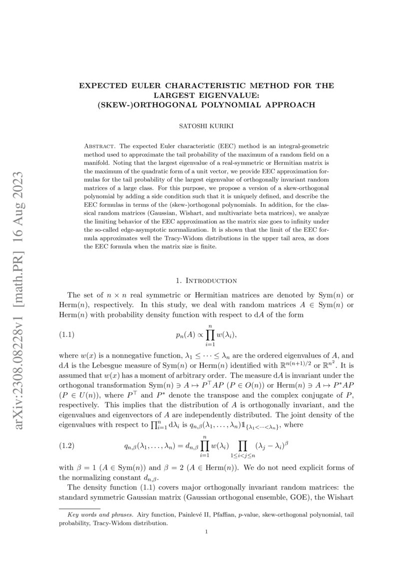 Expected Euler Characteristic Method For The Largest Eigenvalue Skew Orthogonal Polynomial 6097