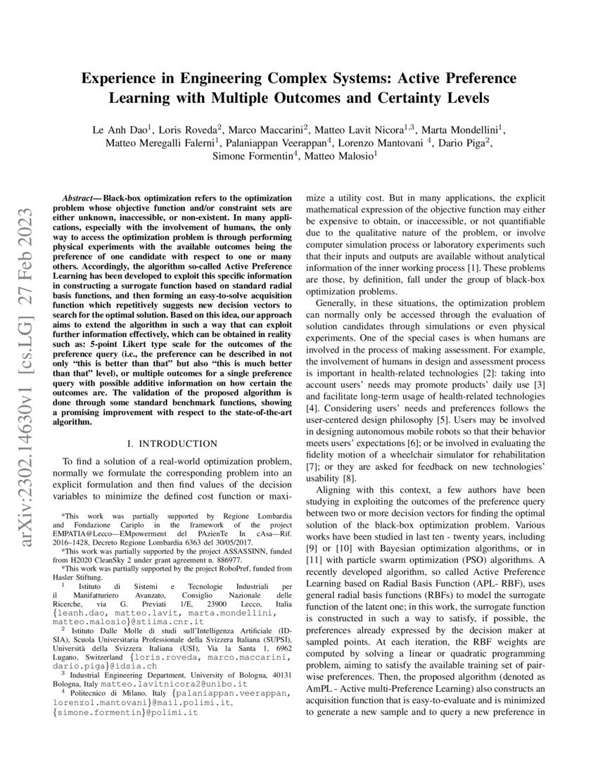 Experience in Engineering Complex Systems: Active Preference Learning with Multiple Outcomes and ...
