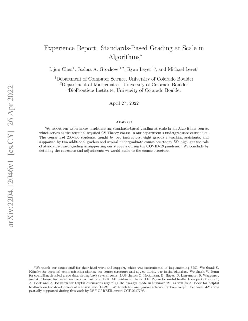 Experience Report Standards Based Grading At Scale In Algorithms DeepAI