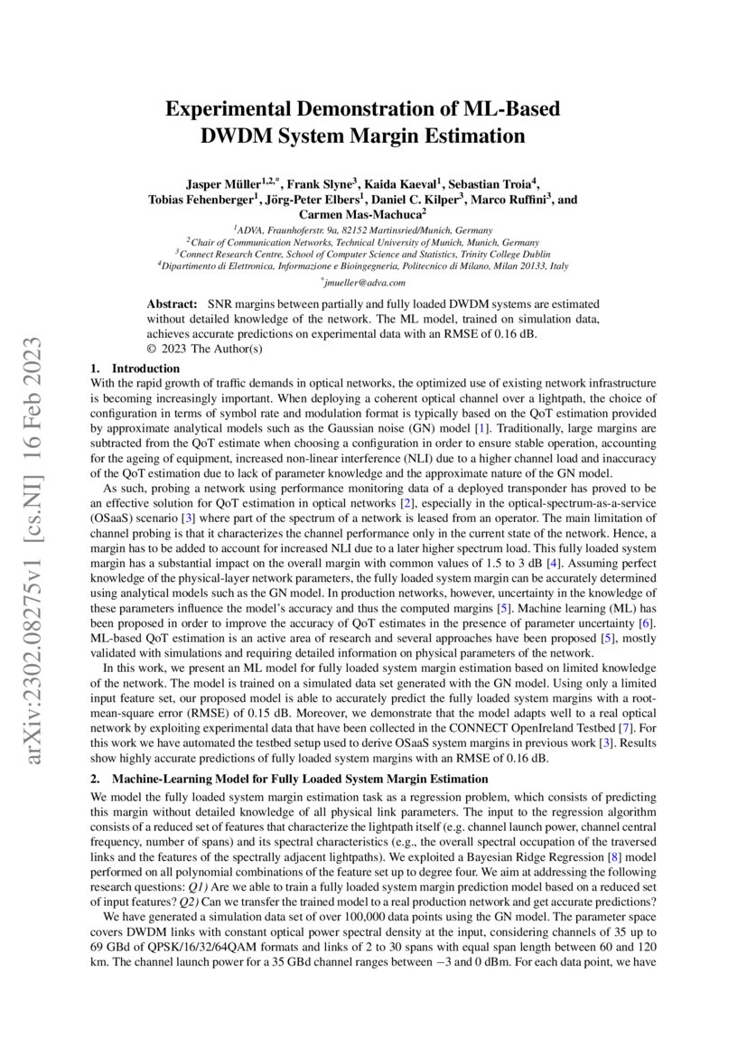 Experimental Demonstration Of Ml Based Dwdm System Margin Estimation
