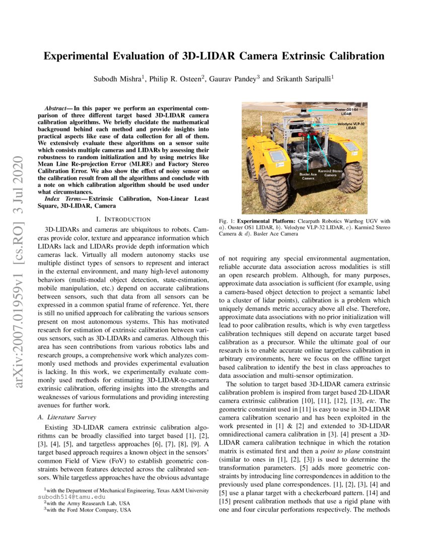 Experimental Evaluation Of 3d Lidar Camera Extrinsic Calibration Deepai