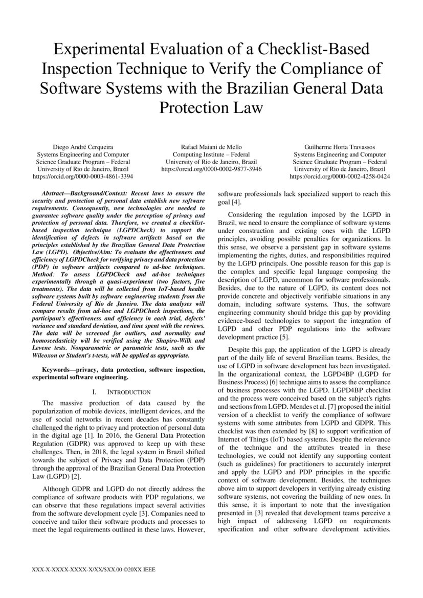 Experimental Evaluation Of A Checklist Based Inspection Technique To Verify The Compliance Of