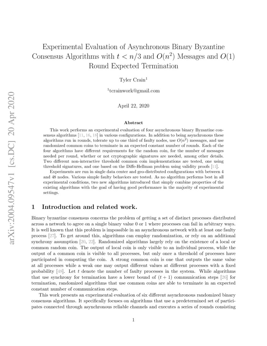 Experimental Evaluation Of Asynchronous Binary Byzantine Consensus Algorithms With T 6964