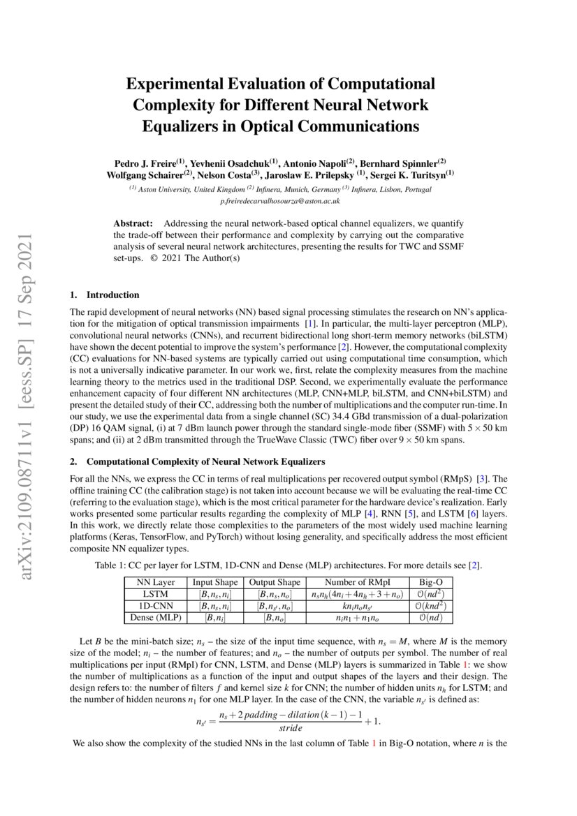 Experimental Evaluation Of Computational Complexity For Different Neural Network Equalizers In 