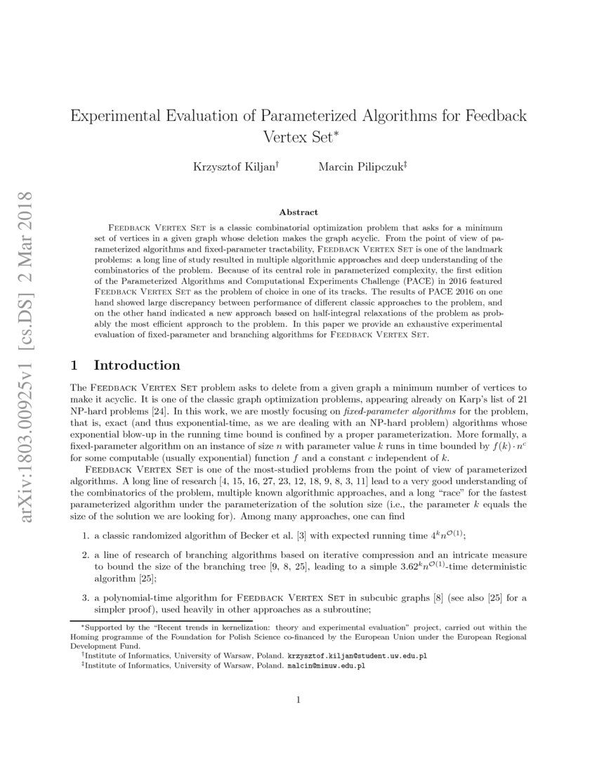Experimental Evaluation Of Parameterized Algorithms For Feedback Vertex Set Deepai 