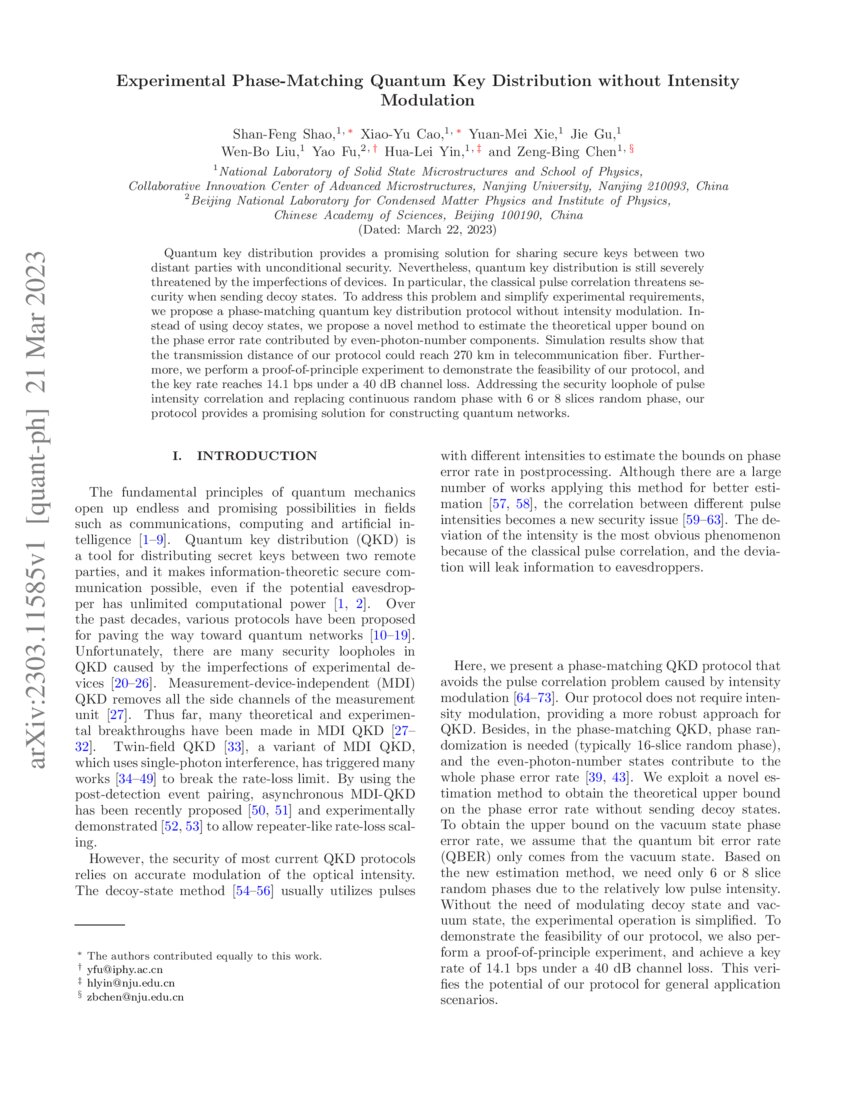 Experimental Phase-Matching Quantum Key Distribution without Intensity Modulation | DeepAI