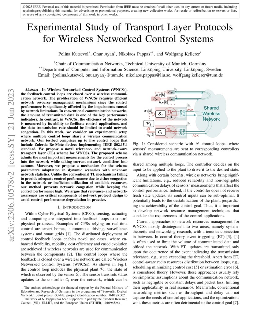Experimental Study of Transport Layer Protocols for Wireless Networked Control Systems | DeepAI