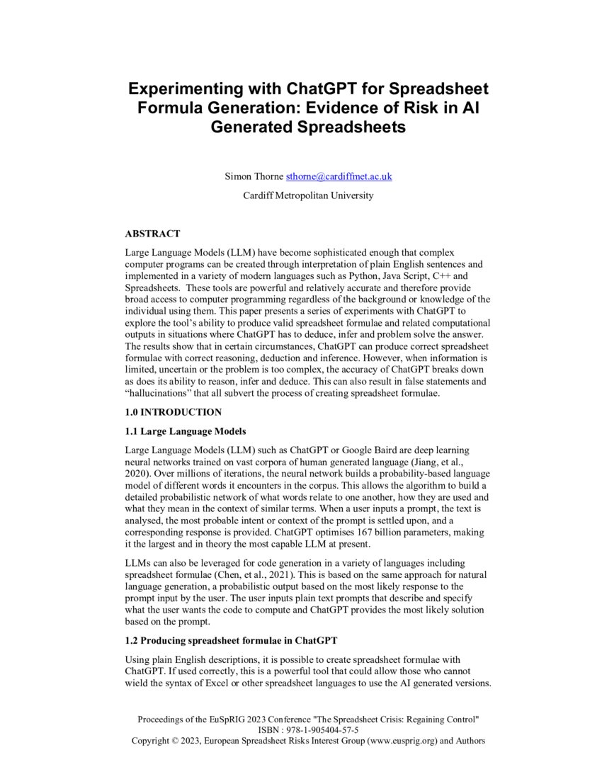 Experimenting With Chatgpt For Spreadsheet Formula Generation Evidence Of Risk In Ai Generated 
