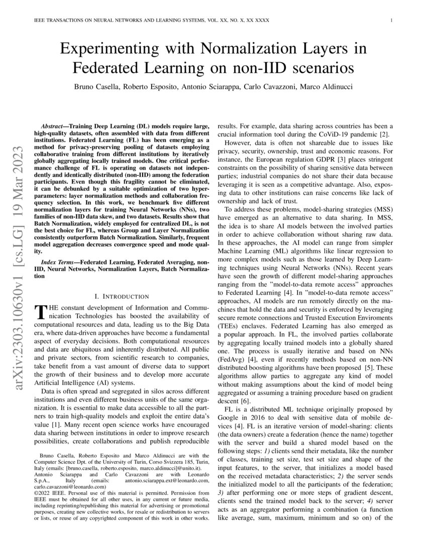 Experimenting With Normalization Layers In Federated Learning On Non Iid Scenarios Deepai
