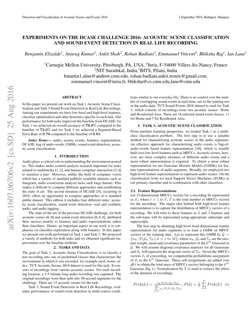Experiments On The Dcase Challenge 2016 Acoustic Scene Classification And Sound Event Detection