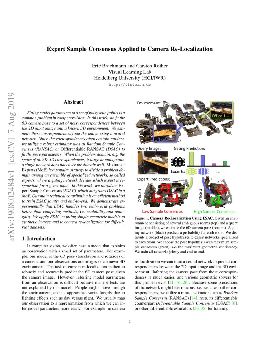 Expert Sample Consensus Applied To Camera Re Localization Deepai