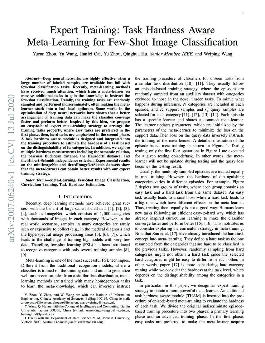 Expert Training Task Hardness Aware Meta Learning For Few Shot Classification Deepai 