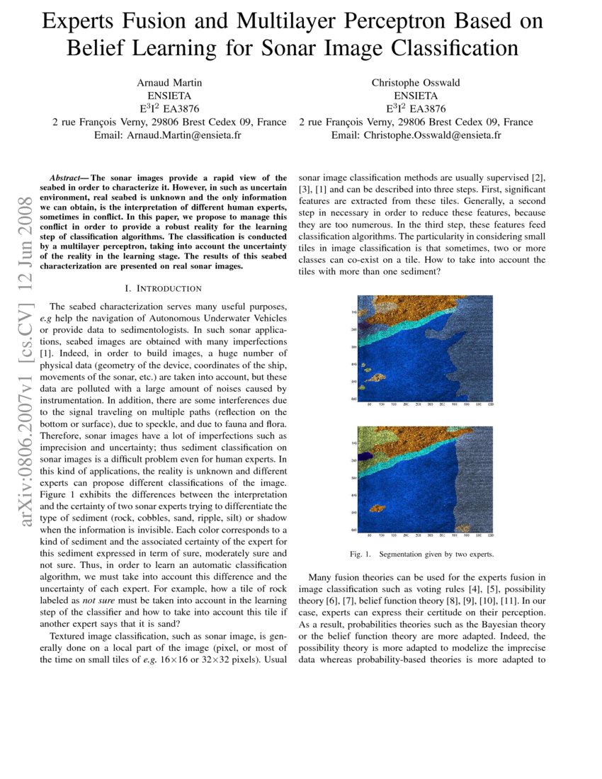 Experts Fusion and Multilayer Perceptron Based on Belief Learning for Sonar Image Classification ...