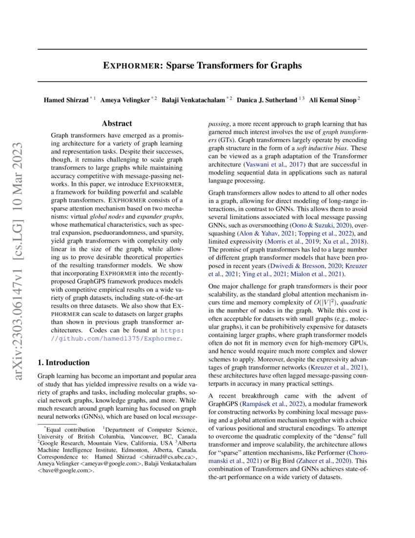 Exphormer: Sparse Transformers for Graphs | DeepAI