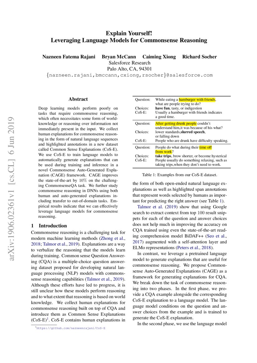 Explain Yourself! Leveraging Language Models for Commonsense Reasoning | DeepAI