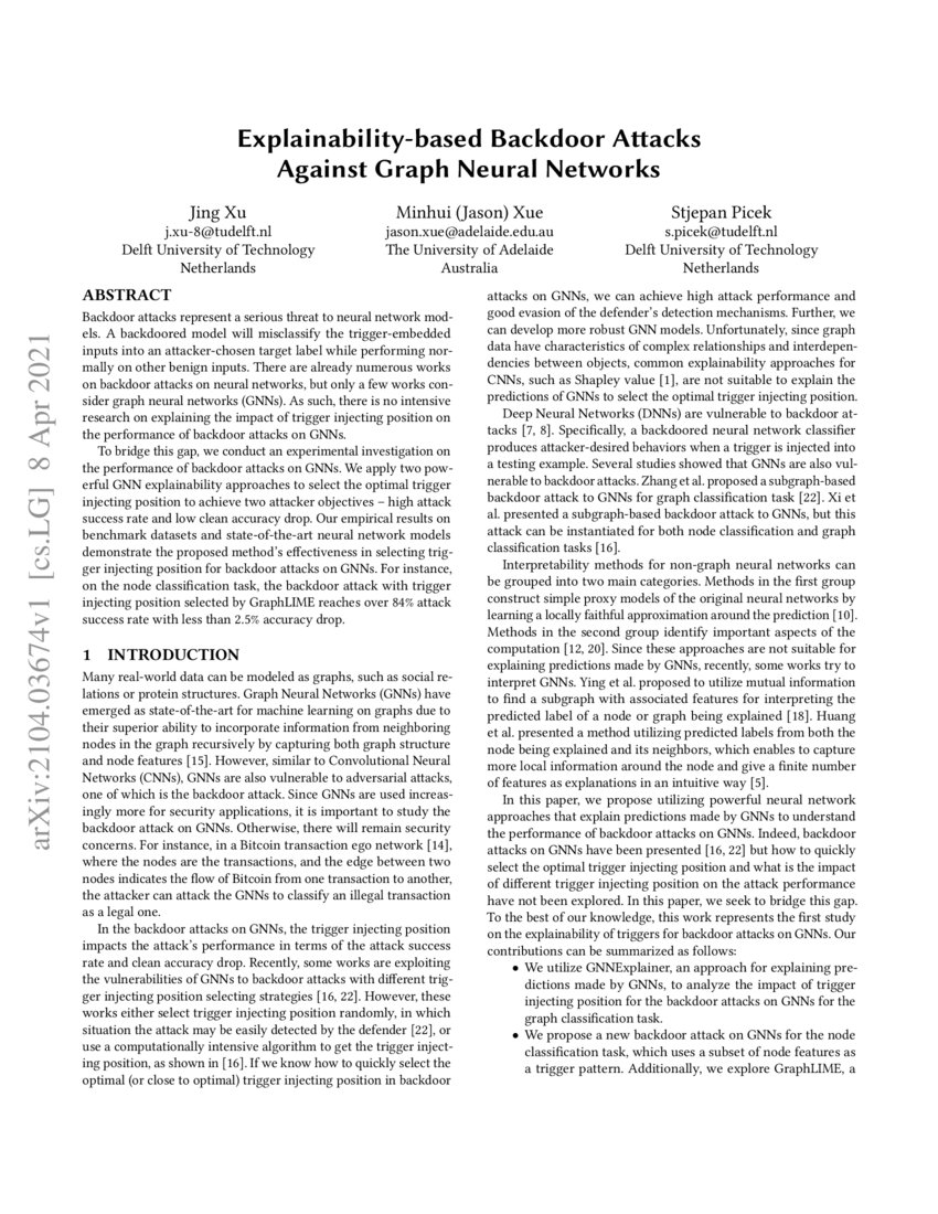 Explainability-based Backdoor Attacks Against Graph Neural Networks ... Explainability-based Backdoor Attacks Against Graph Neural Networks ...