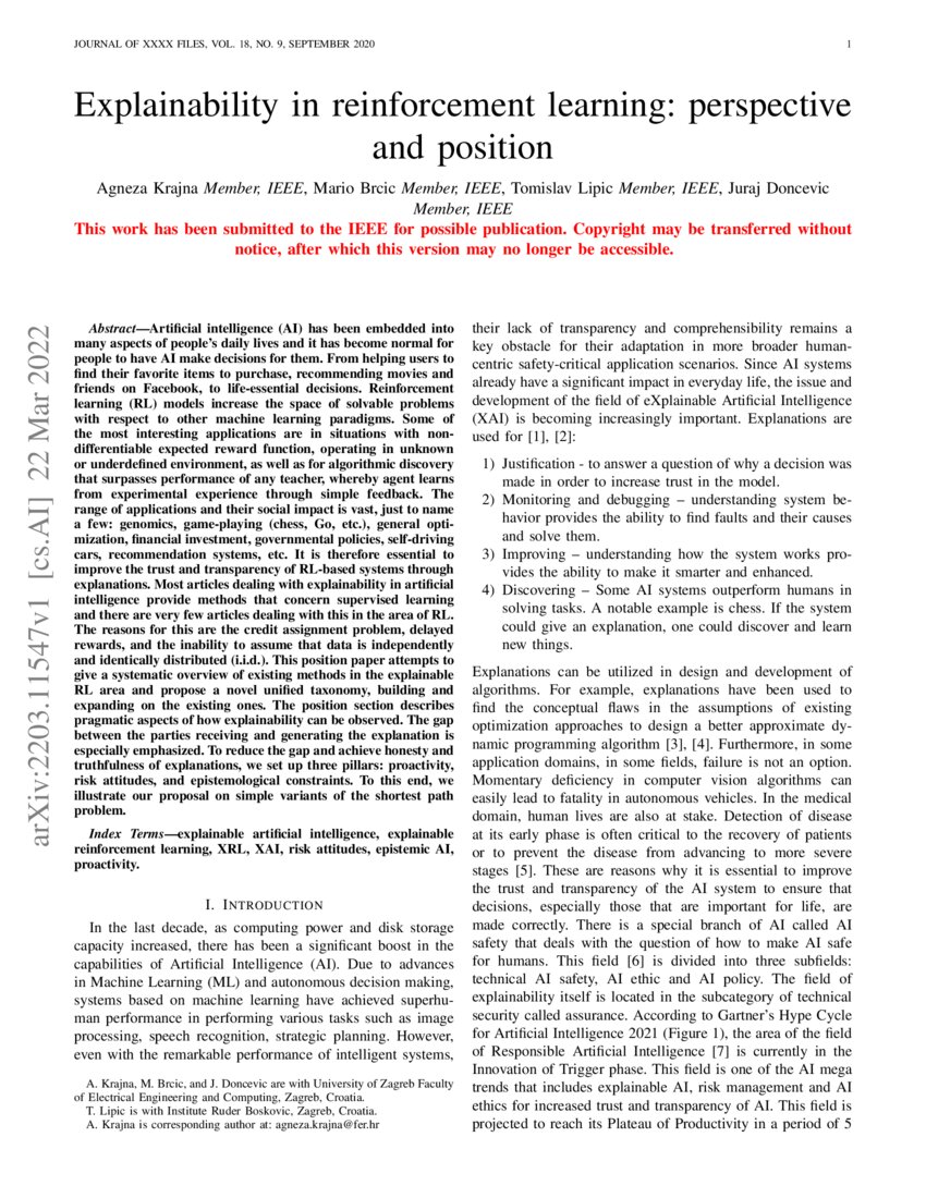 Explainability in reinforcement learning: perspective and position | DeepAI