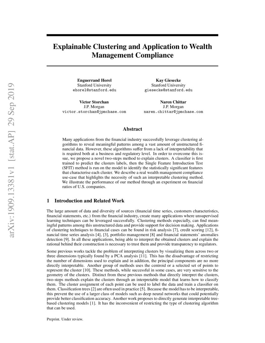 Explainable Clustering and Application to Wealth Management Compliance ... Explainable Clustering and Application to Wealth Management Compliance ...
