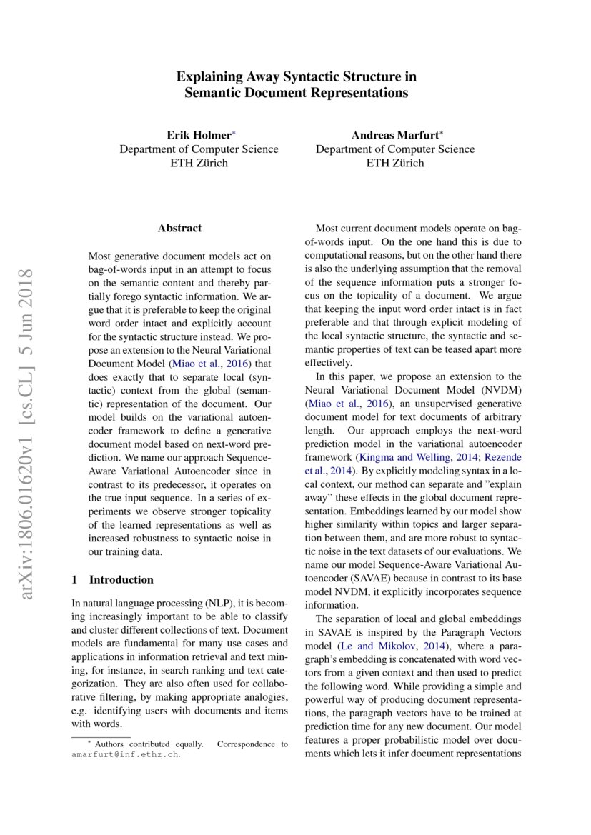 Explaining Away Syntactic Structure in Semantic Document Representations | DeepAI