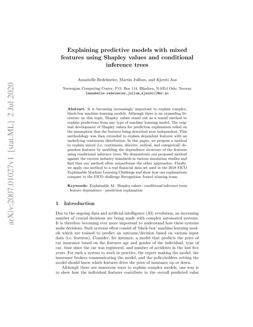 Explaining predictive models with mixed features using Shapley values and conditional inference ...