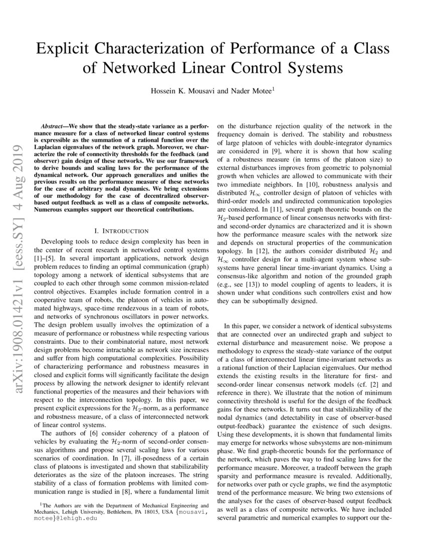 Explicit Characterization Of Performance Of A Class Of Networked Linear Control Systems Deepai