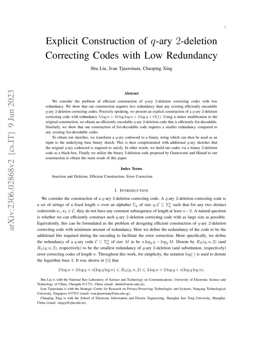 Explicit Construction of q-ary 2-deletion Correcting Codes with Low Redundancy | DeepAI