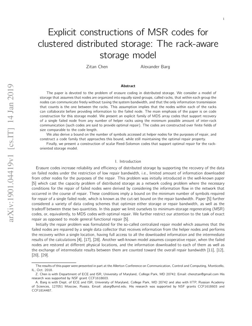 Explicit Constructions Of Msr Codes For Clustered Distributed Storage