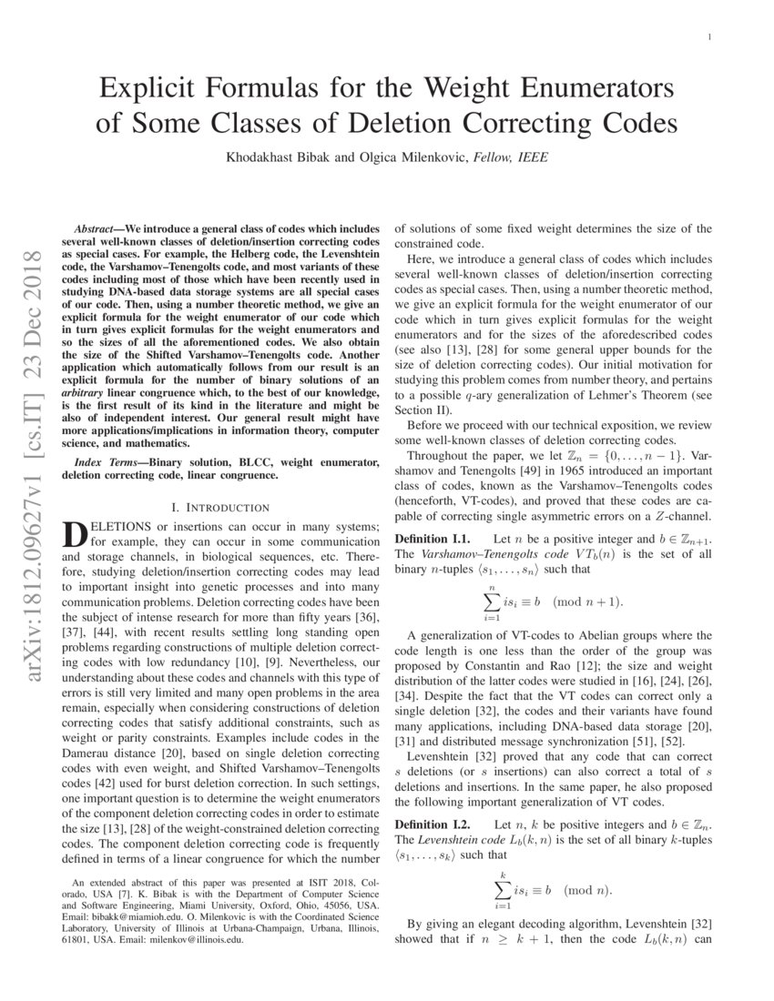 Explicit Formulas For The Weight Enumerators Of Some Classes Of Deletion Correcting Codes Deepai