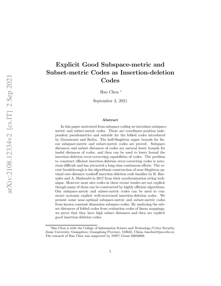 Explicit Good Subspace Metric And Subset Metric Codes As Insertion Deletion Codes Deepai 8413