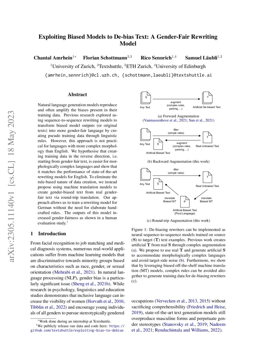 Exploiting Biased Models to De-bias Text: A Gender-Fair Rewriting Model | DeepAI
